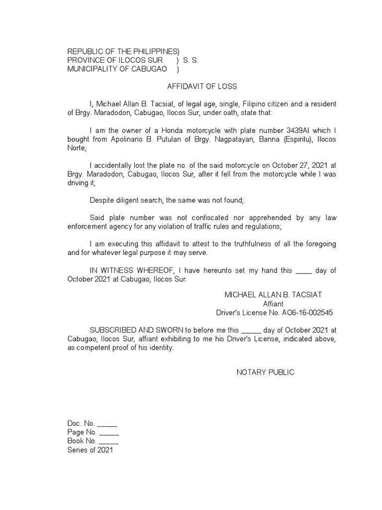 Affidavit of Loss Plate Number | PDF | Politics | Social Science