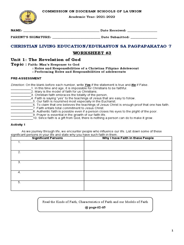 G7 Worksheet #3 in CLE-EsP | PDF | Faith | Jesus