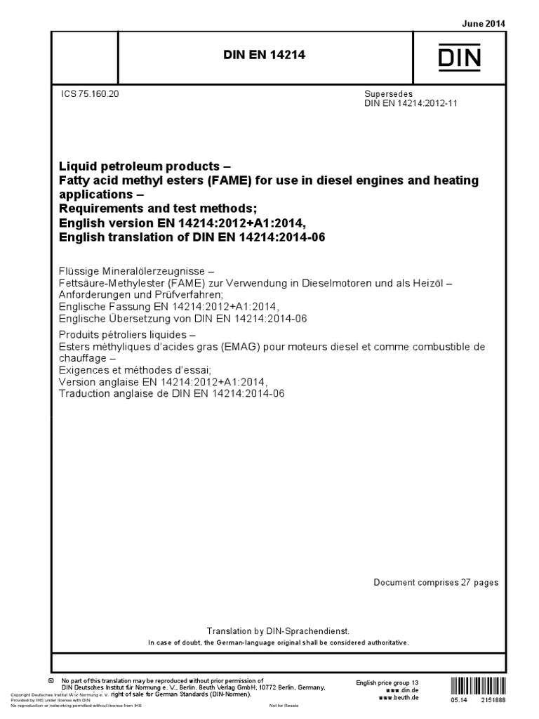Norma Tecnica DIN EN 14214-2014 | PDF | Lipid | Diesel Fuel