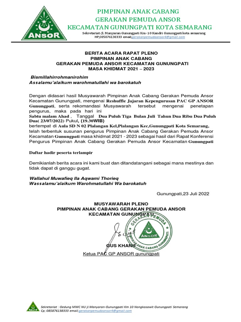 Berita Acara Rapat Pleno GP Ansor | PDF