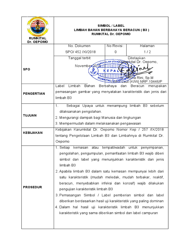 SPO Nomor 452XI2018 TTG Label SIMBOL B3 | PDF