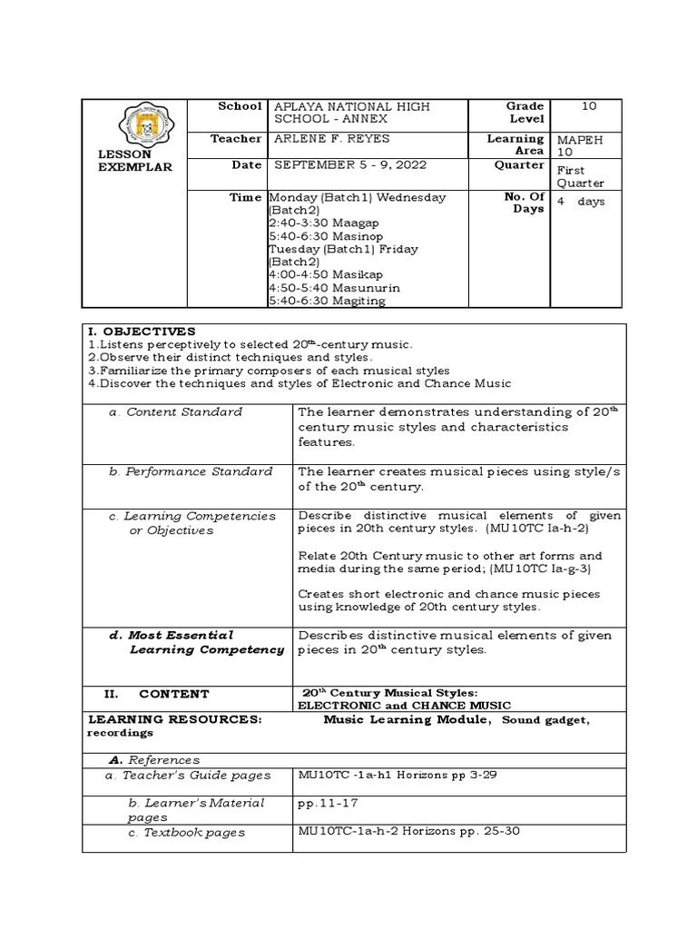 20th Century Music Styles Lesson Plan | PDF | Electronic Music | Learning