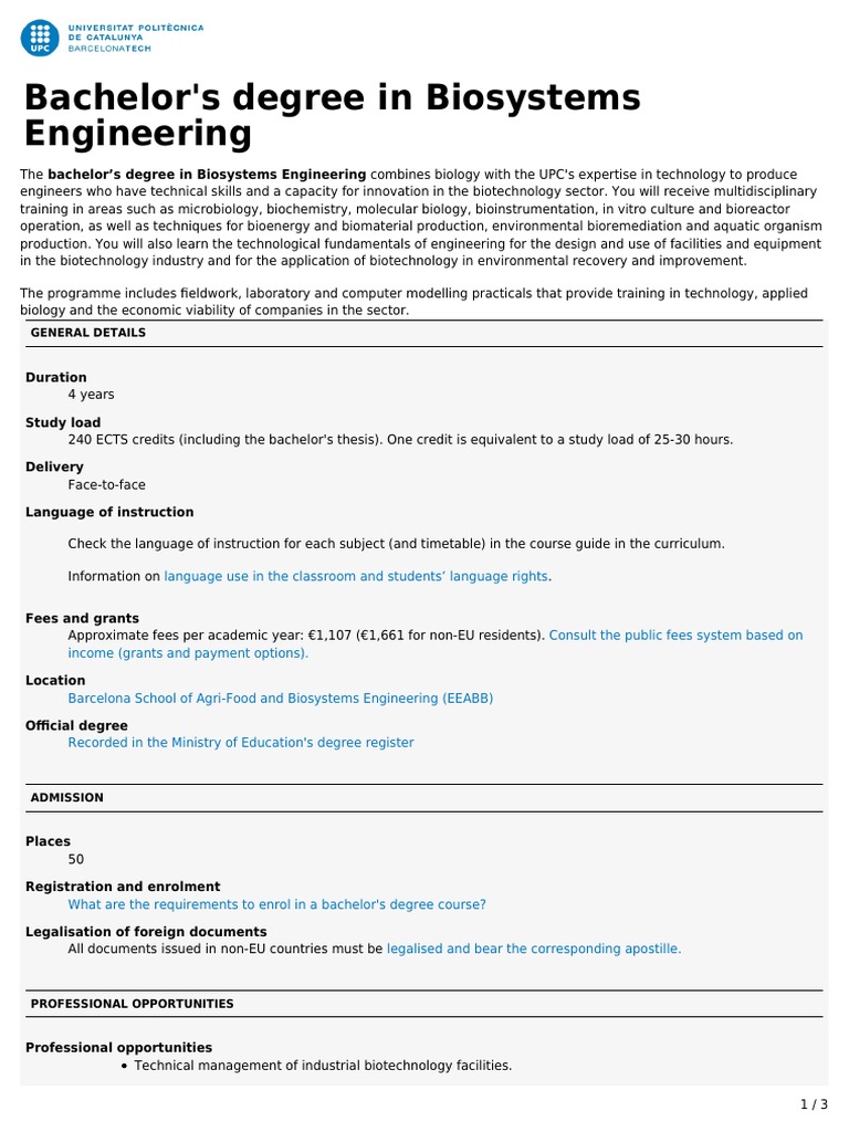Bachelor's Degree in Biosystems Engineering (EEABB) | PDF | Academic ...