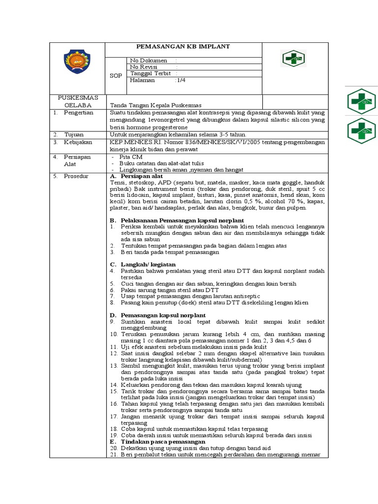 Sop Pemasangan KB Implant | PDF