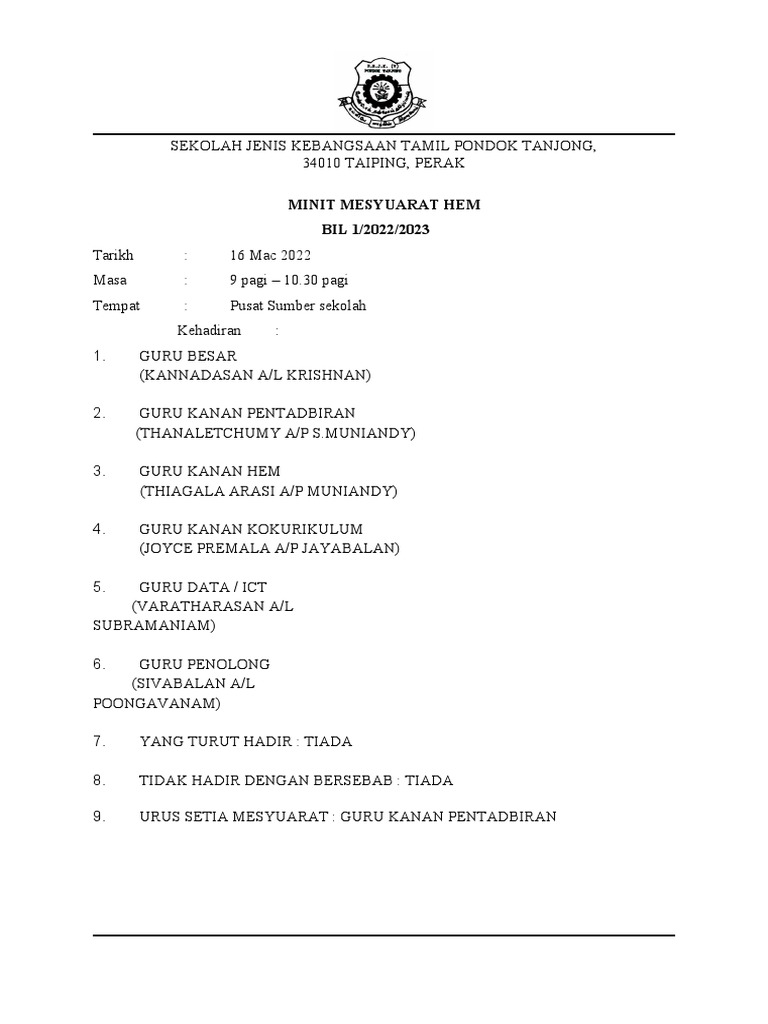 Minit Mesyuarat Hem 1 2022 | PDF