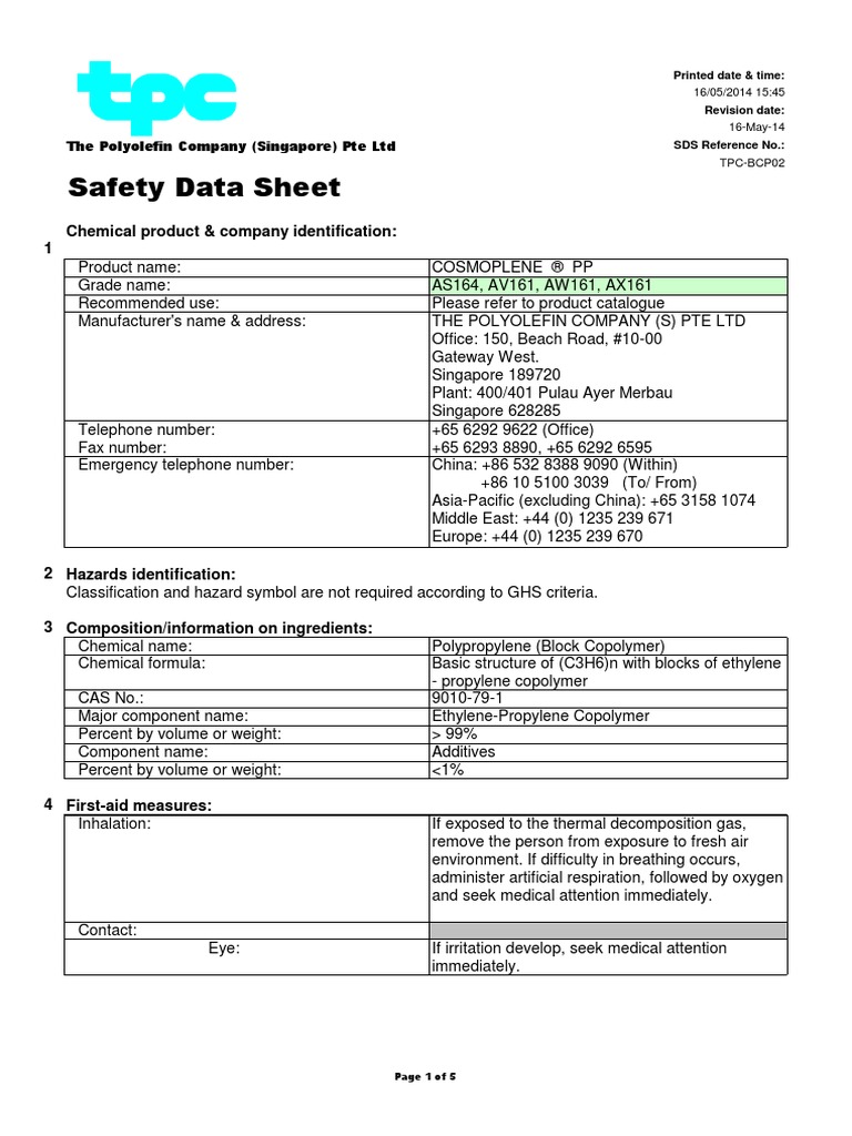 MSDS Cosmoplene AS 164 | Download Free PDF | Chemistry | Materials