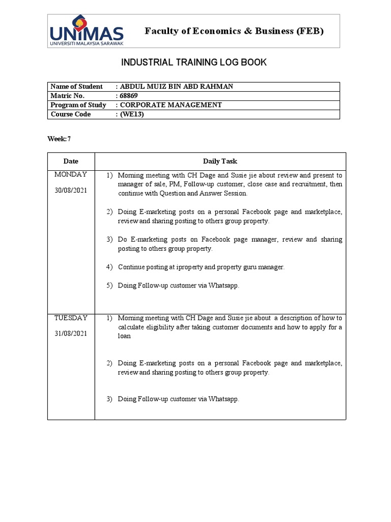 Industrial Traning Log Book - (Week 7) | PDF | Digital Marketing | Facebook