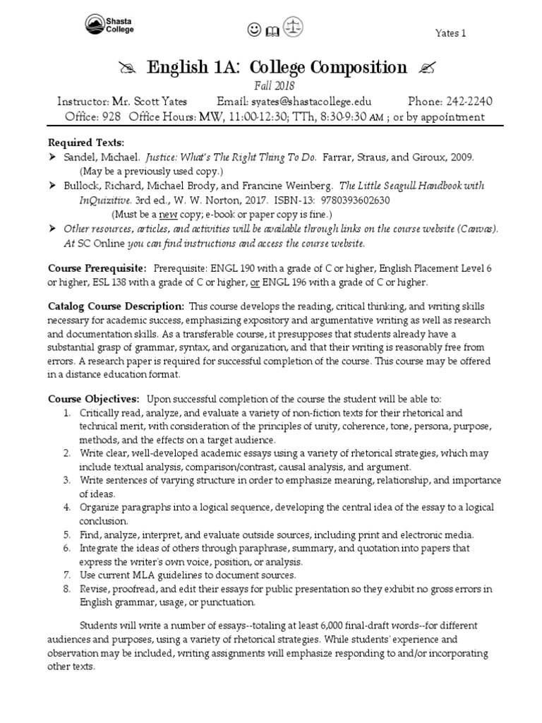 English 1a Syllabus f18 | PDF | Essays | Plagiarism