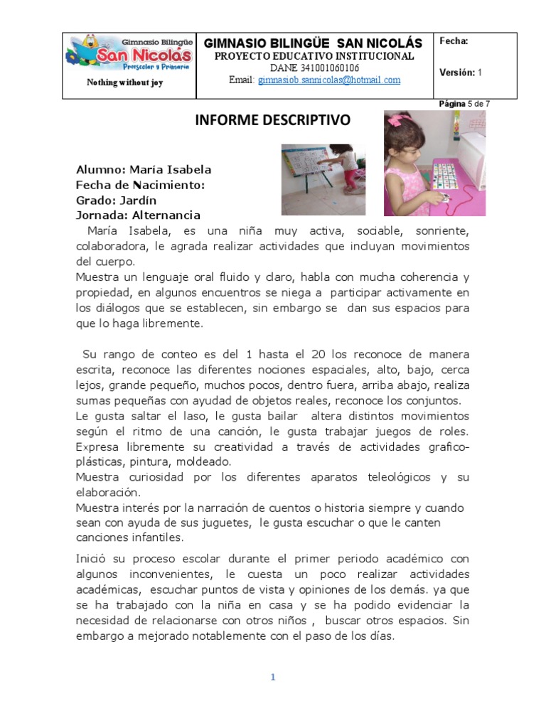 Informe Descriptivo GBSN Prejardin - Jardin | PDF | Creatividad | Dibujo