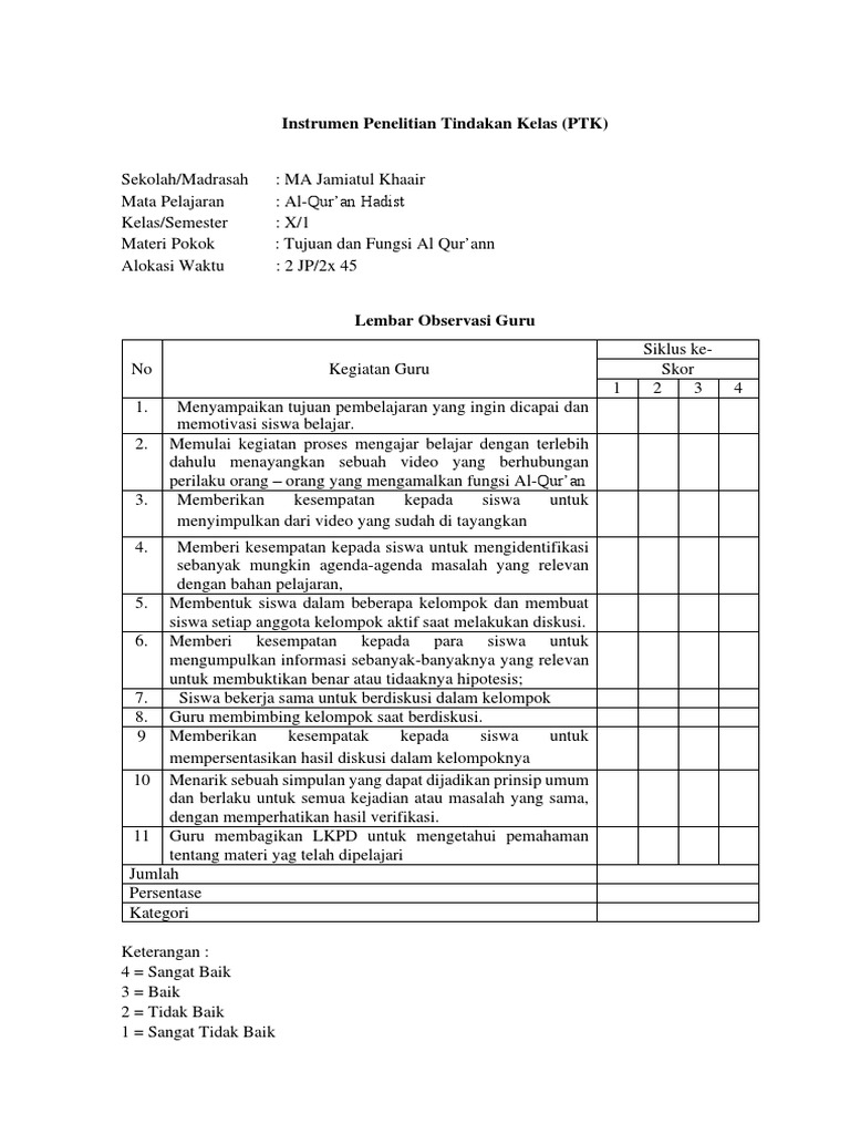 Instrumen Penelitian Tindakan Kelas | PDF