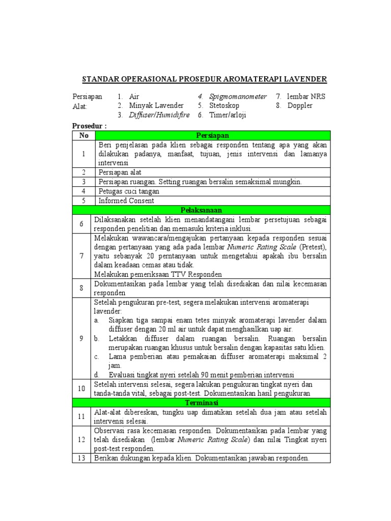 Standar Operasional Prosedur Aromaterapi Lavender | PDF