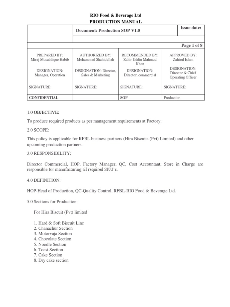 Production SOP - RIO | PDF | Biscuit | Packaging And Labeling
