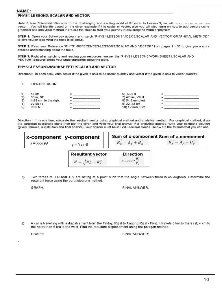 Scalar And Vector Worksheet Pdf Euclidean Vector Cartesian Coordinate System
