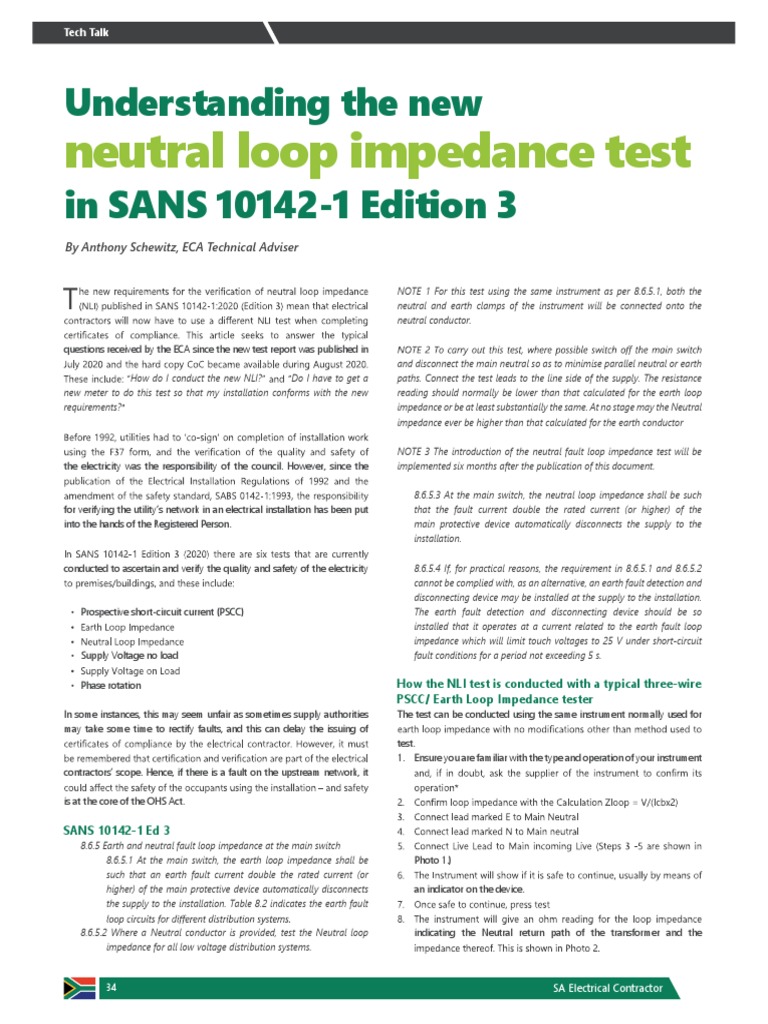 New Neutral Loop Impedance Test SANS 10142 1 Ed 3 | PDF | Physical ...