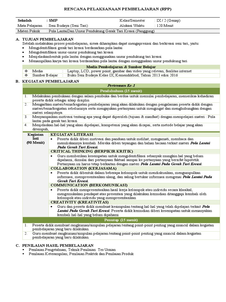 RPP II SB (Tari) Kelas 9 SEM 2 | PDF