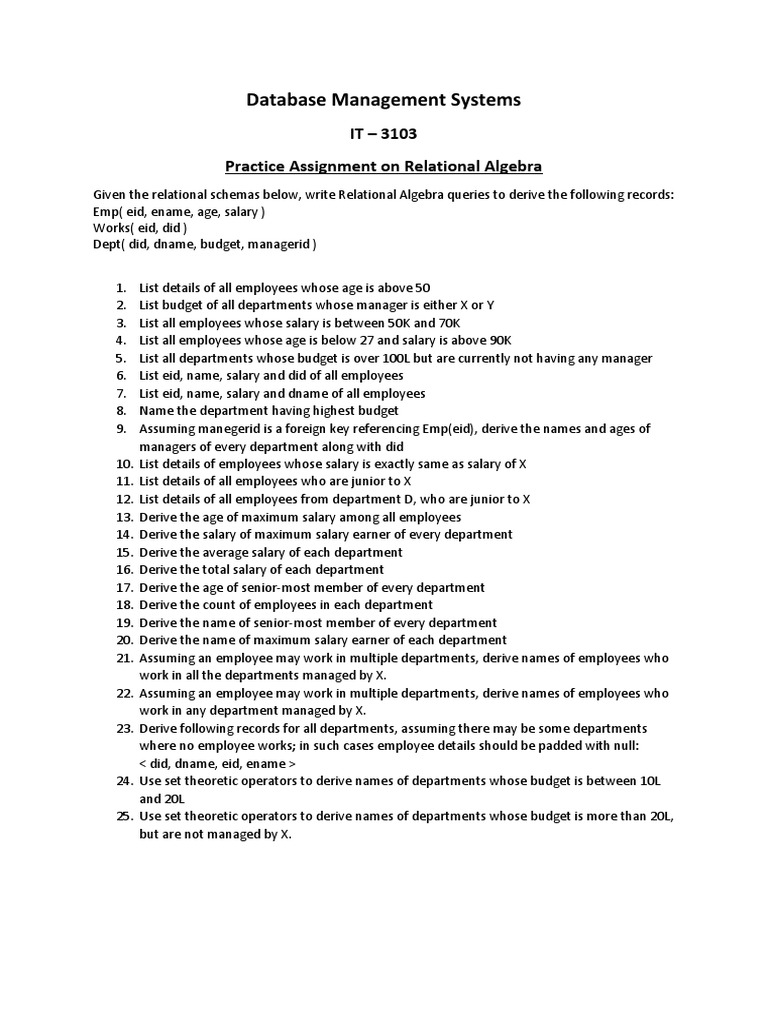 DBMS Theory 2022 Assignment-RA | PDF | Relational Model | Information Science