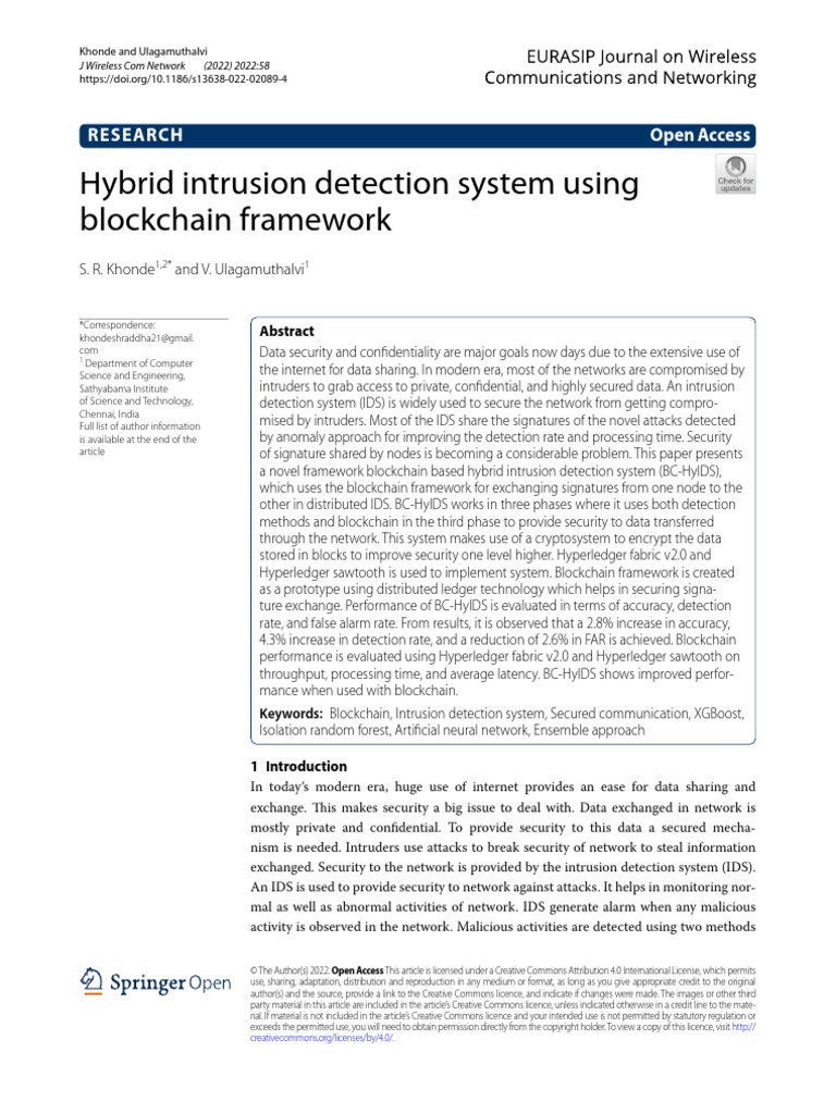 Hybrid Intrusion Detection System Using Blockchain Frameworkeurasip Journal On Wireless ...