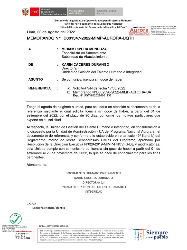 Memorando-001347-2022-Ugthi Licencia Sin Goce de Haber Miriam | Descargar gratis PDF | Justicia ...
