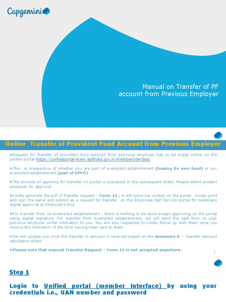 Manual On Transfer of PF Account From Previous Employer | PDF ...