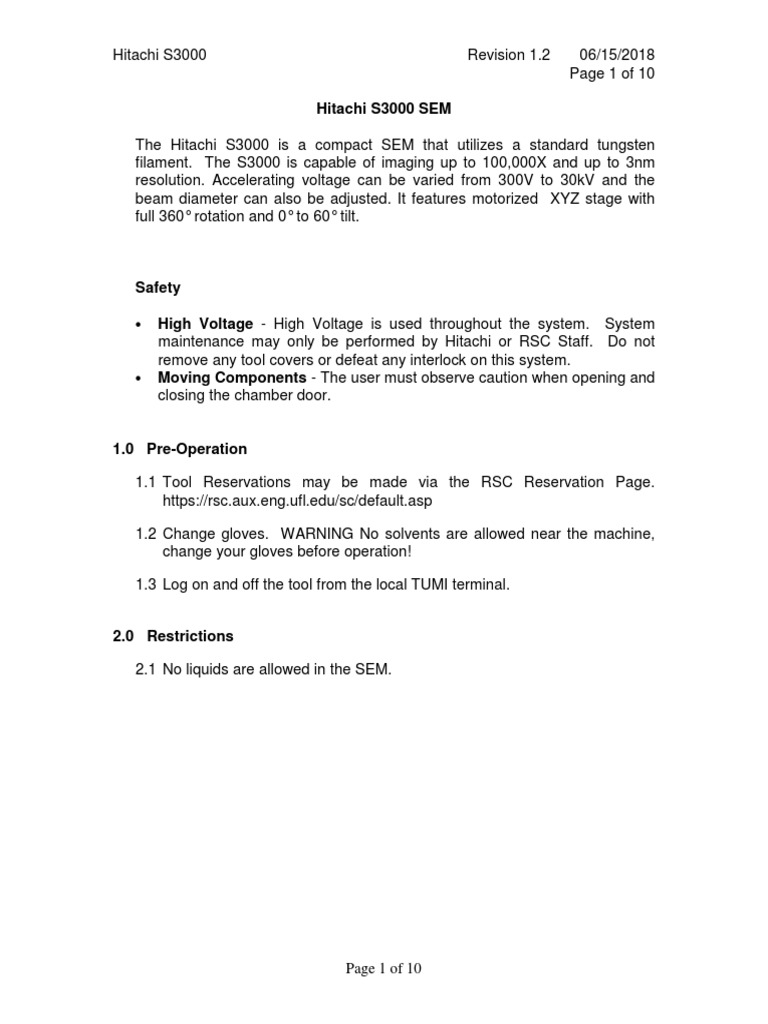 Hitachi S3000 SEM Quick Setup | PDF | Scanning Electron Microscope ...