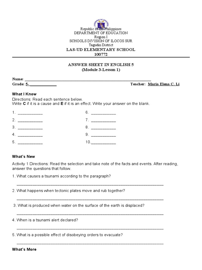 Answer Sheet Eng 5-Module 3 Lesson 1 | PDF | Linguistics Answer Sheet Eng 5-Module 3 Lesson 1 | PDF | Linguistics