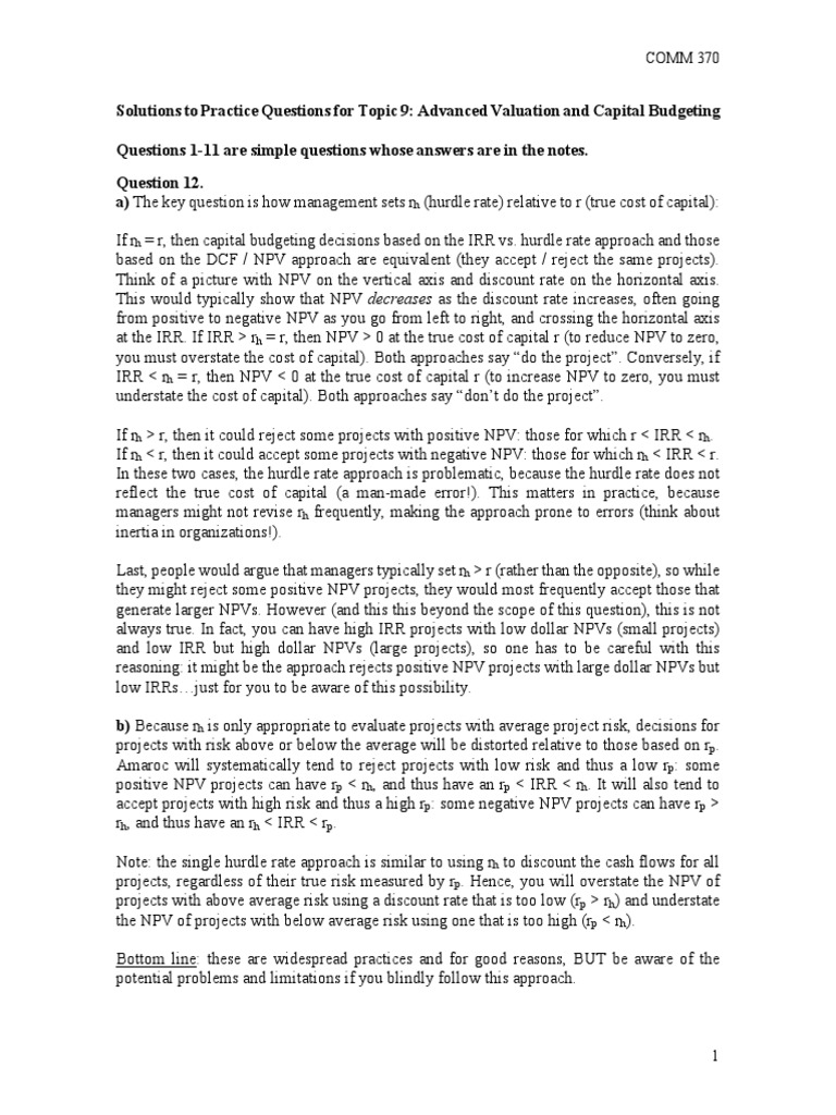 Topic 9 - Advanced Valuation and Capital Budgeting - Practice Solutions ...