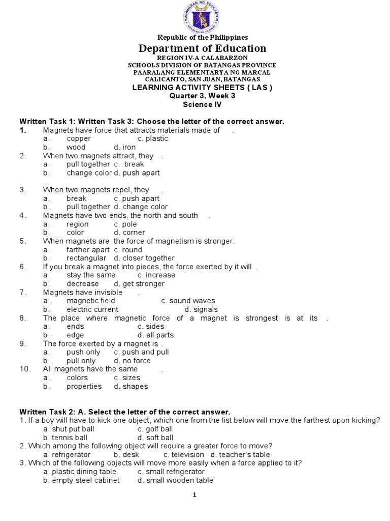 Grade 4 Science LAS: Quarter 3 Activities | PDF | Magnet | Force