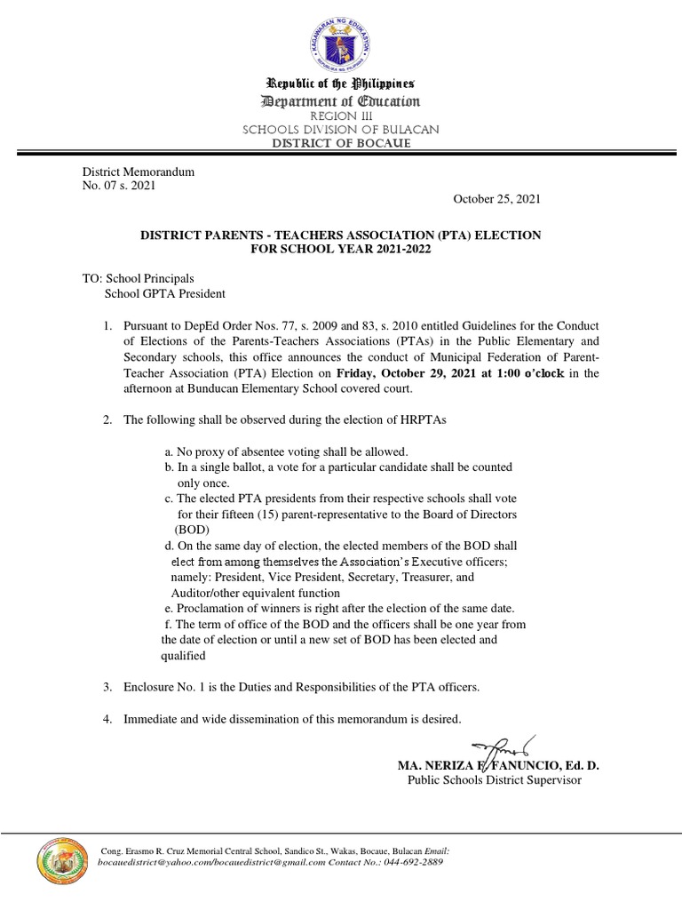 District Memo 7 s2021 District PTA Election 2021 | PDF | Government ...