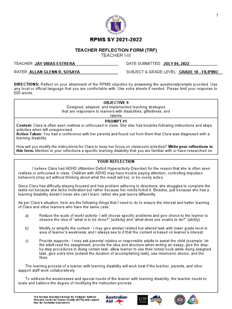(Appendix 4A) Teacher Reflection Form For T I-III For RPMS SY 2021-2022 ...