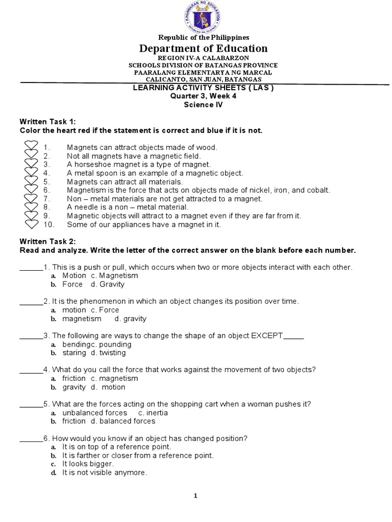 Grade 4 LAS Q3 W4 Science | PDF | Force | Magnetism