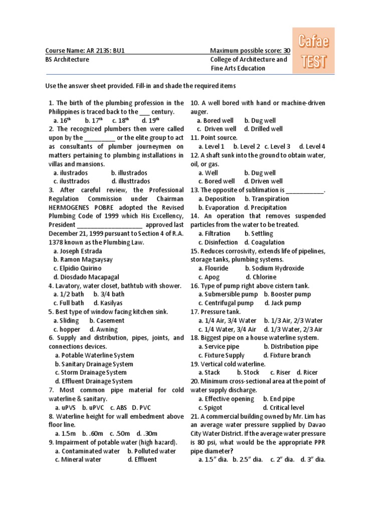 Bu1 1ST Exam | PDF | Tap (Valve) | Plumbing