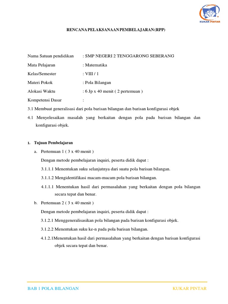 RPP Pola Bilangan Kelas 8 SMP | PDF | Karier & Perkembangan