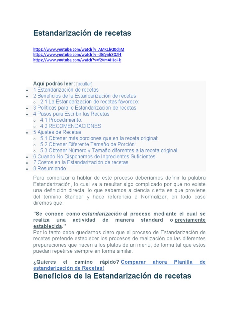 Estandarización de Recetas Gastronómicas | PDF | Cucharilla | Receta