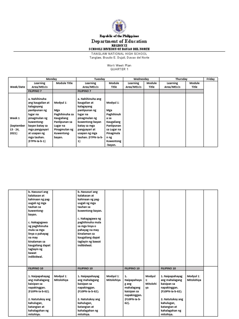 Q1 - Work Week Plan - Filipino | PDF