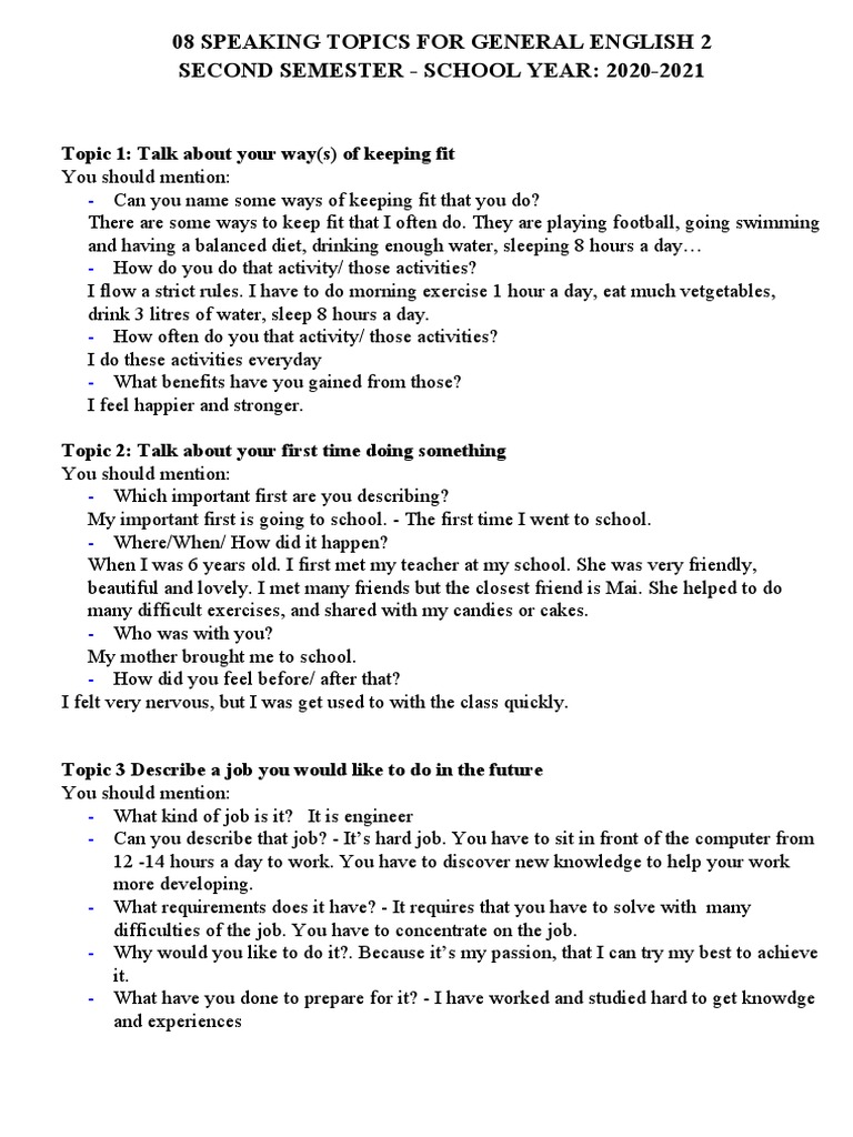 08 Speaking Topics For General English 2 2021 2022 3 | PDF