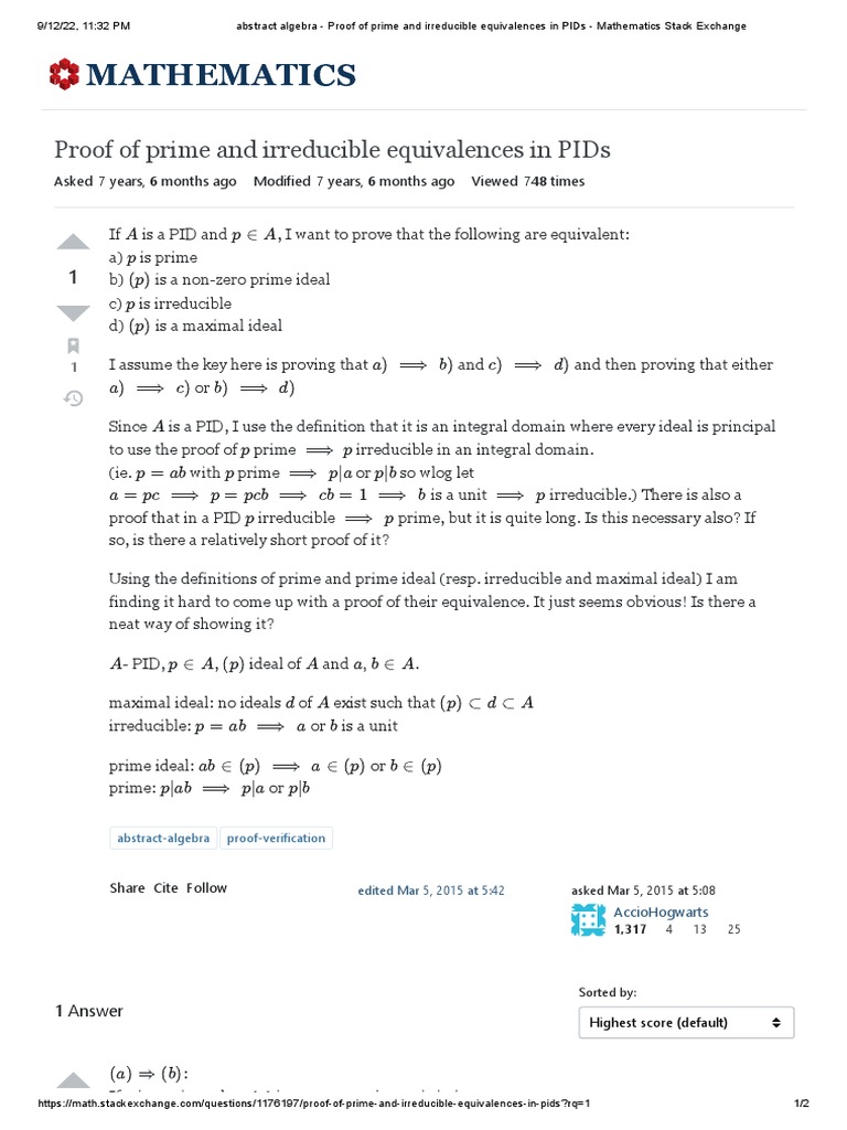 Abstract Algebra - Proof of Prime and Irreducible Equivalences in PIDs - Mathematics Stack ...