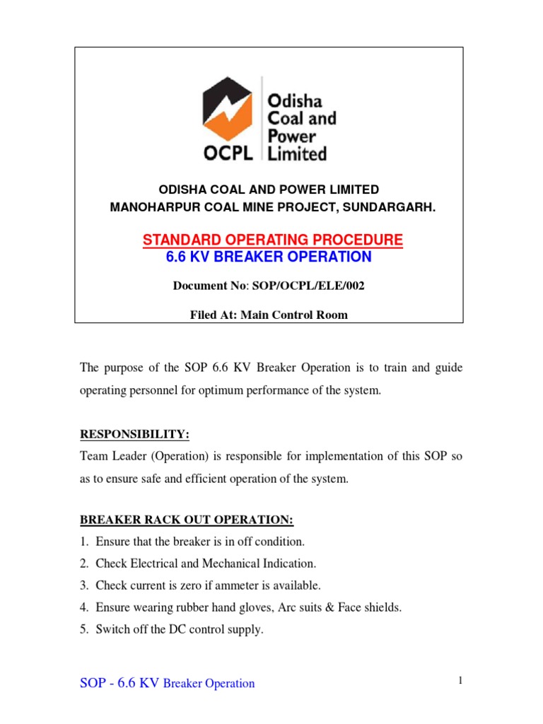 SOP - 6.6 KV Breaker Operation | Download Free PDF | Switch | Electric Arc