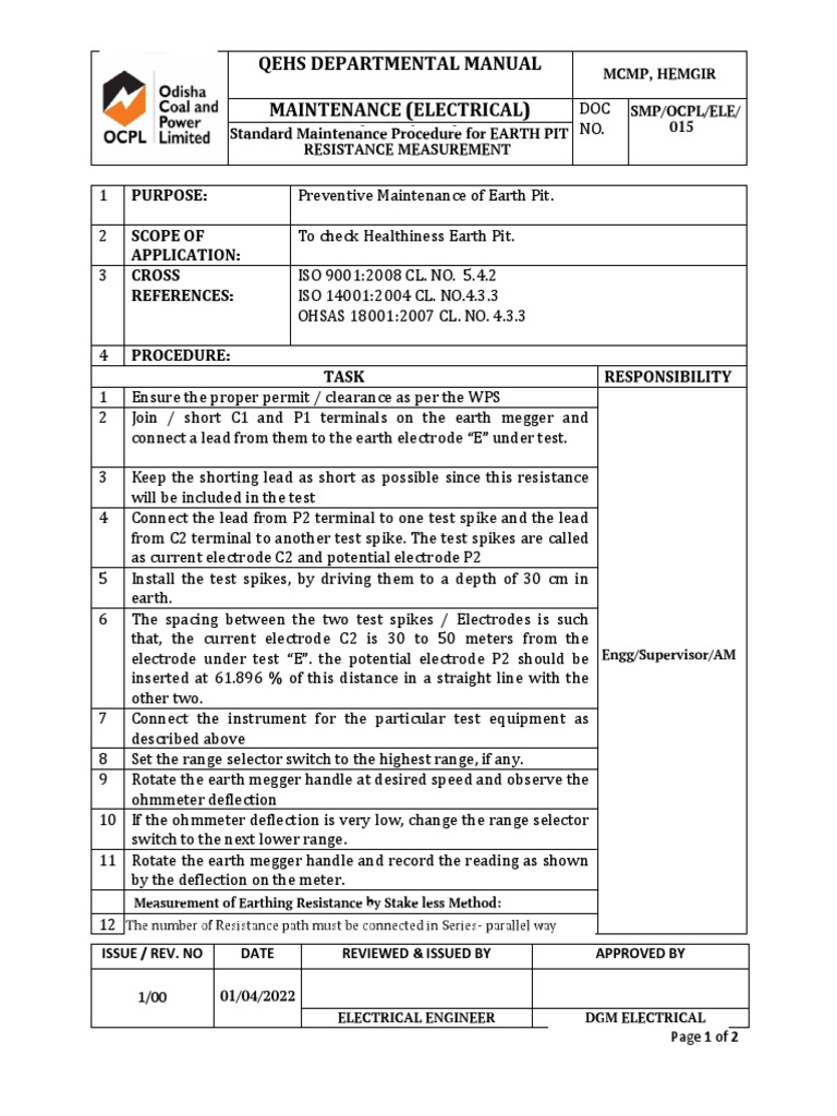 SMP of Earthing Resistance Measurement | PDF | Equipment | Electricity