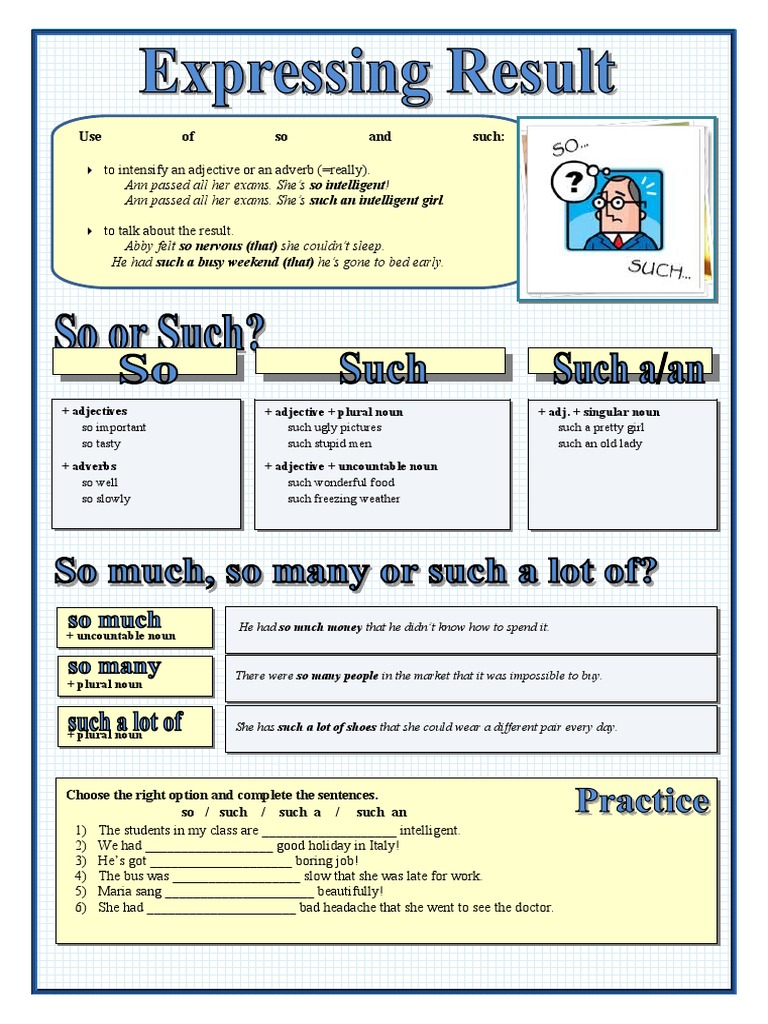 Expressing Result So or Such Grammar Drills Tests 76337 | PDF | Noun ...