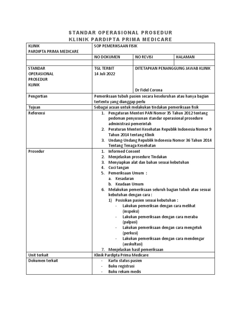 4 SOP KLINIK PARDIPTA PRIMA MEDICARE Pemeriksaan Fisik | PDF