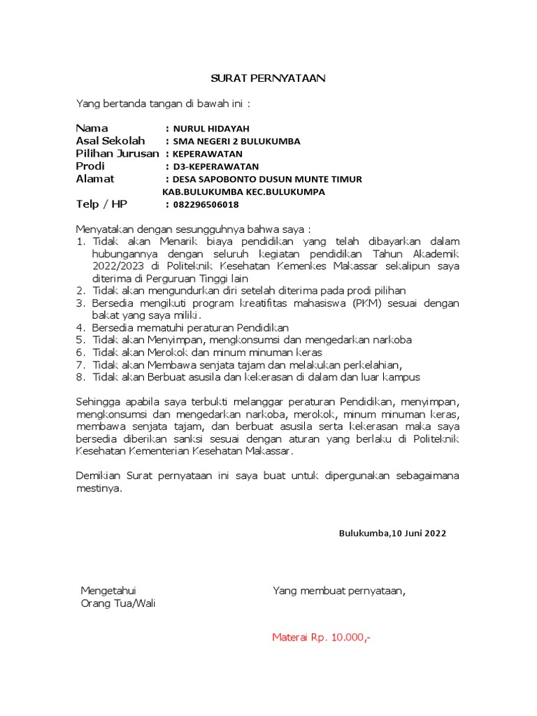 Surat Pernyataan Simama Poltekkes | PDF