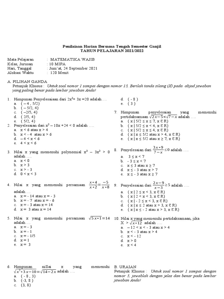 Soal MTK WAjib 10 | PDF