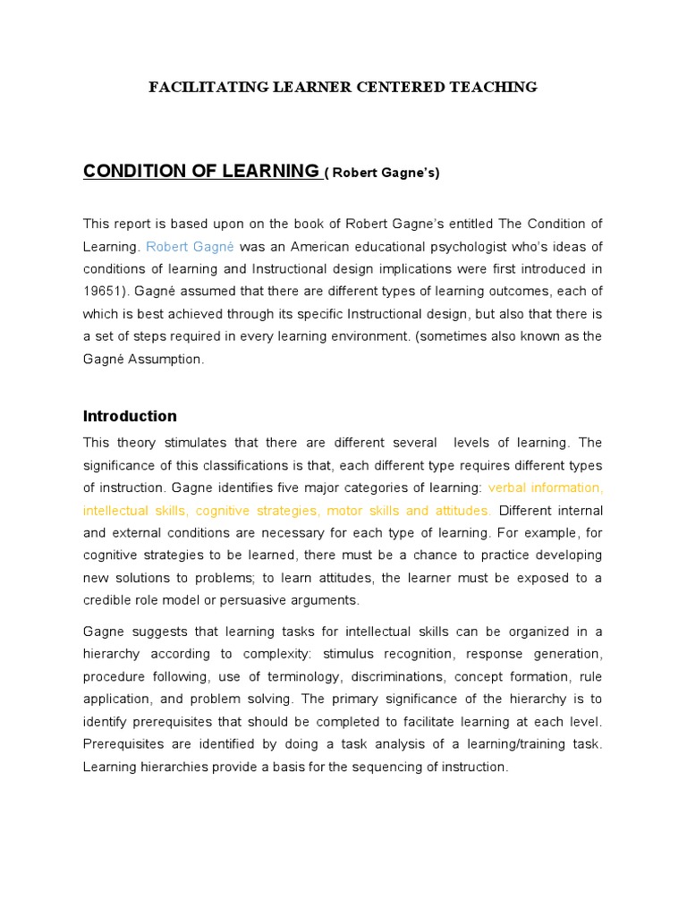 Gagne's Condition of Learning | PDF | Learning | Instructional Design