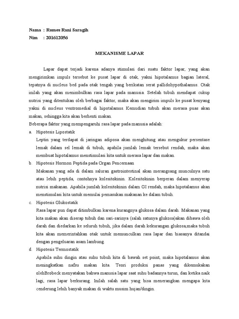 Mekanisme Rasa Lapar dan Kenyang | PDF