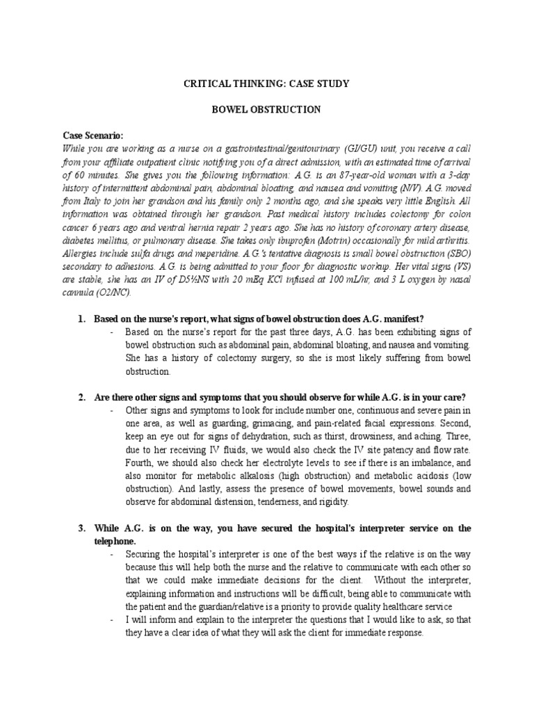Bowel Obstruction Critical Thinking Case Study | PDF | Constipation | Physical Examination