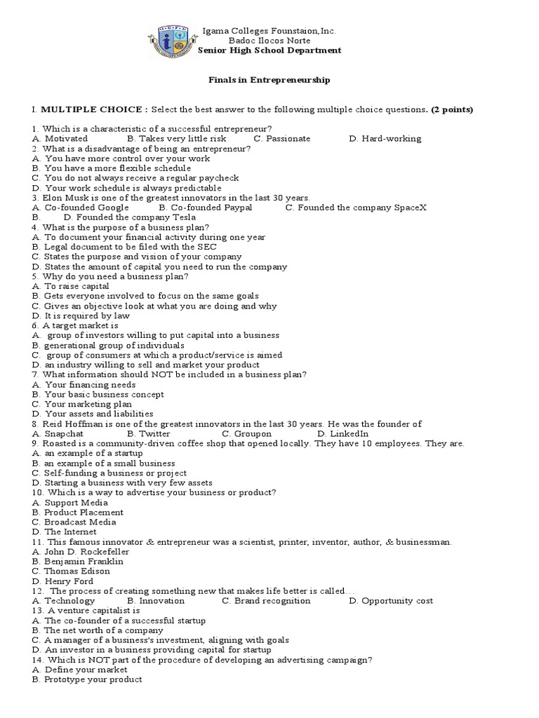 Entrep 12 Final Exam | Download Free PDF | Entrepreneurship | Startup ...