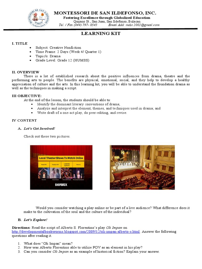 Learning Kit CNF q1 Week 4 | PDF | Monologue | Play (Theatre)