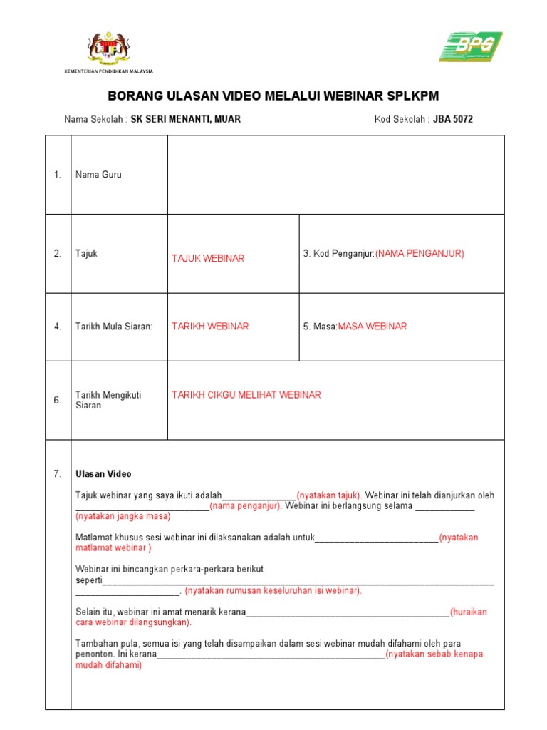 Contoh Borang Penulisan Ulasan Video Webinar | PDF