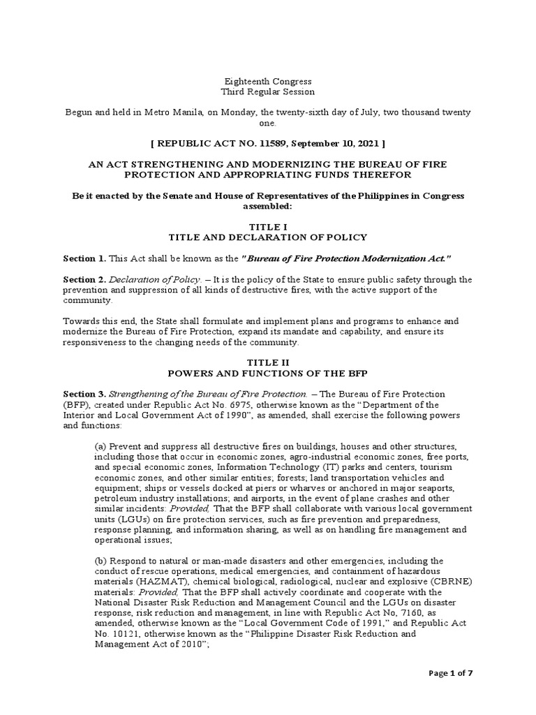 BFP Modernization Act of 2021 | PDF | Fire Safety | Appropriations Bill ...