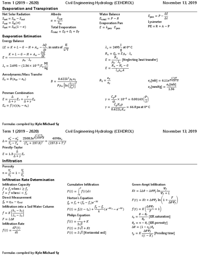 Civil Engineering Hydrology (CEHDROL) Formulas | PDF | Continuum ...